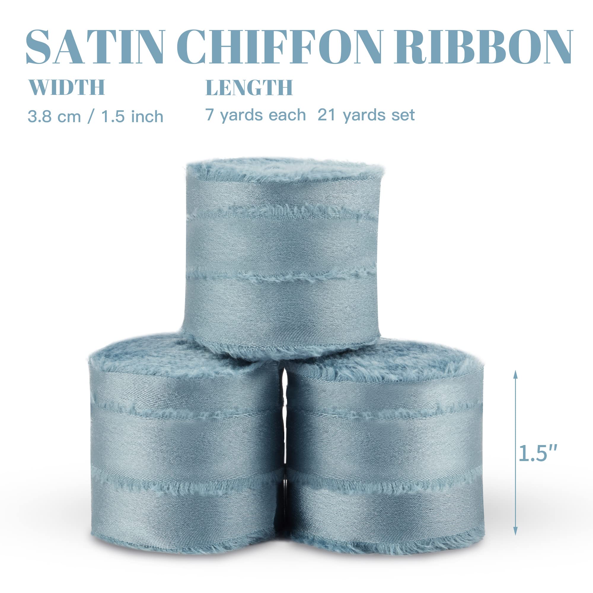 Keypan Dusty Blue Silk Ribbon, Satin Chiffon Frayed Fabric Ribbons for Gift Wrapping Crafts Flower Bouquets Wedding Invitation Decor Baby Shower 1-1/2 inch x 21 Yd