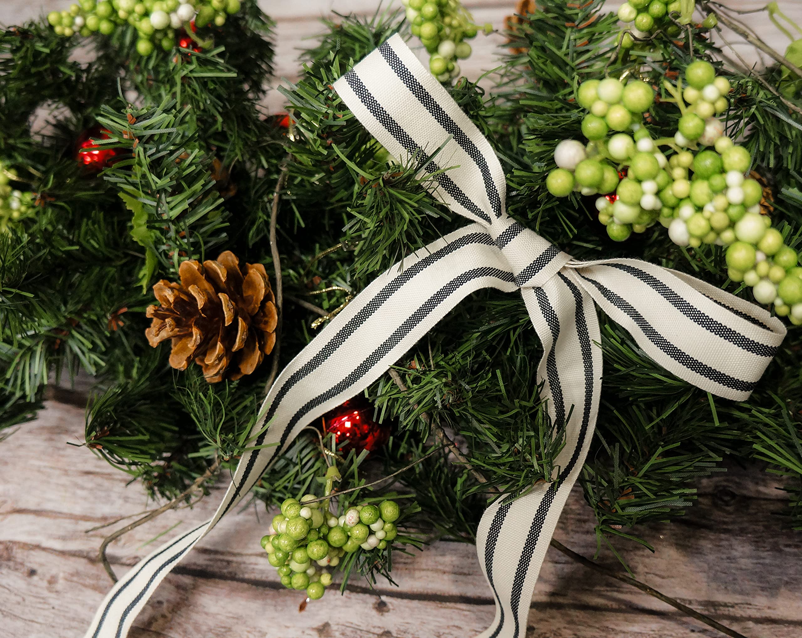 CT CRAFT LLC Ivory Cotton Black Stripes Ribbon 1" x 10 Yards for Home Décor Gift Present Wrapping DIY Crafts Birthday Wedding Bouquet Christmas