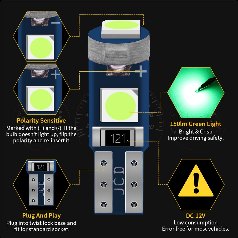 1797 T5 LED Bulbs Dash Dashboard Light 74 37 73 2721 PC74 PC37 Instrument Cluster Gauge Wedge Twist Socket Car Indicator Panel Parts Interior Replacement 12V Green Pack of 20