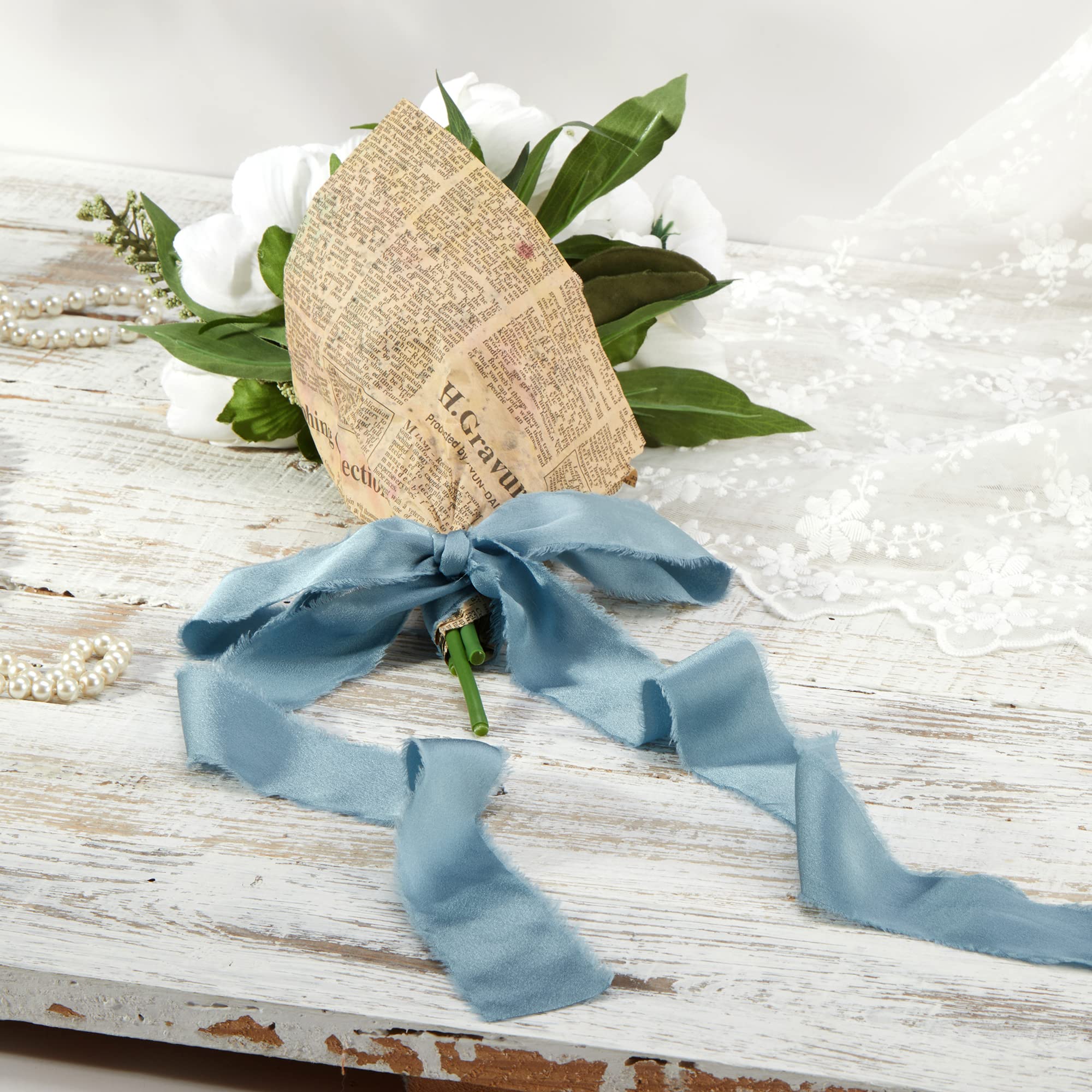Keypan Dusty Blue Silk Ribbon, Satin Chiffon Frayed Fabric Ribbons for Gift Wrapping Crafts Flower Bouquets Wedding Invitation Decor Baby Shower 1-1/2 inch x 21 Yd