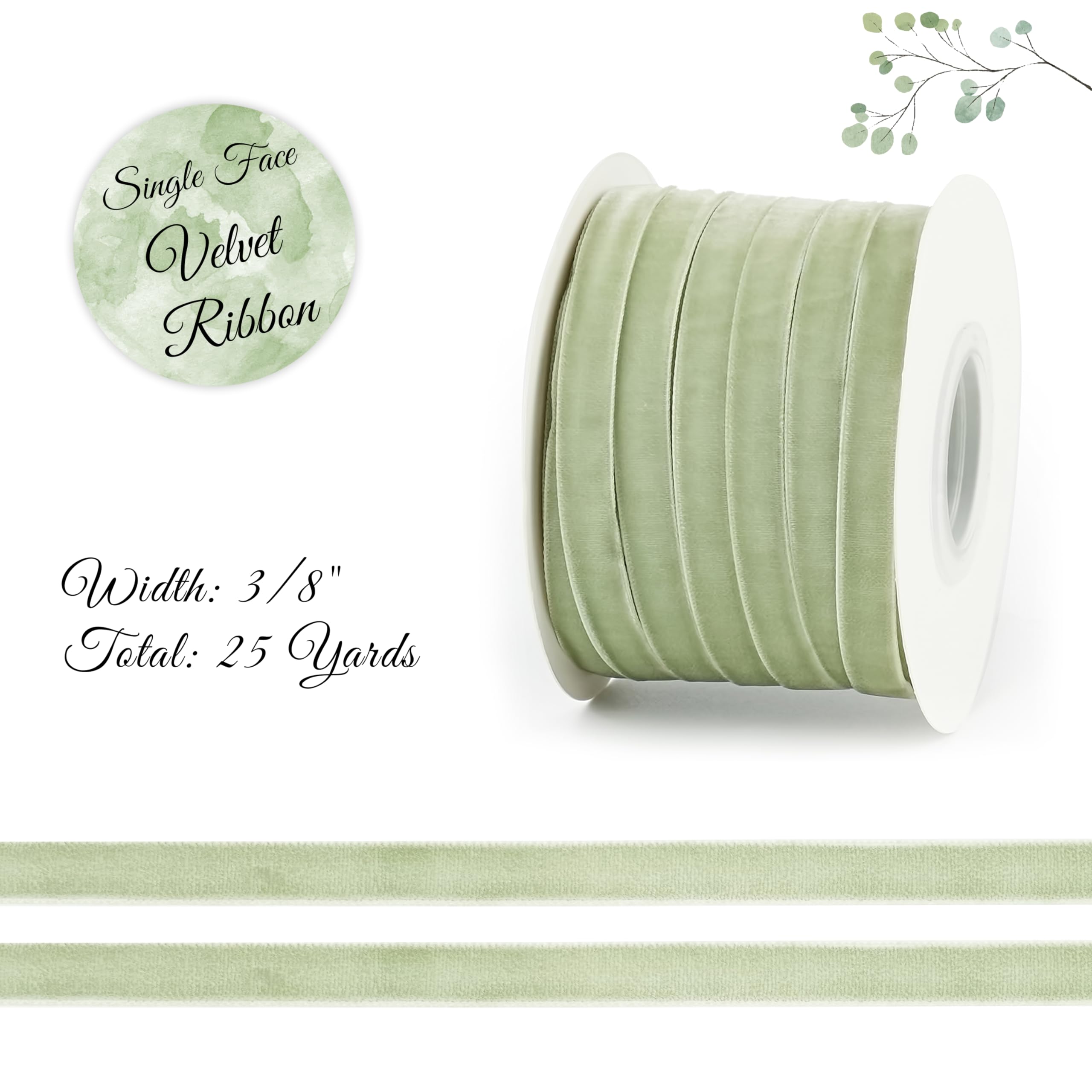 DINDOSAL Sage Green Velvet Ribbon 3/8 Inch Single Face Thin Velvet Ribbon for Gift Wrapping, Wedding, Christmas Decorations, Hair Bows, Choker, Cafts, Bouquet - 25 Yards