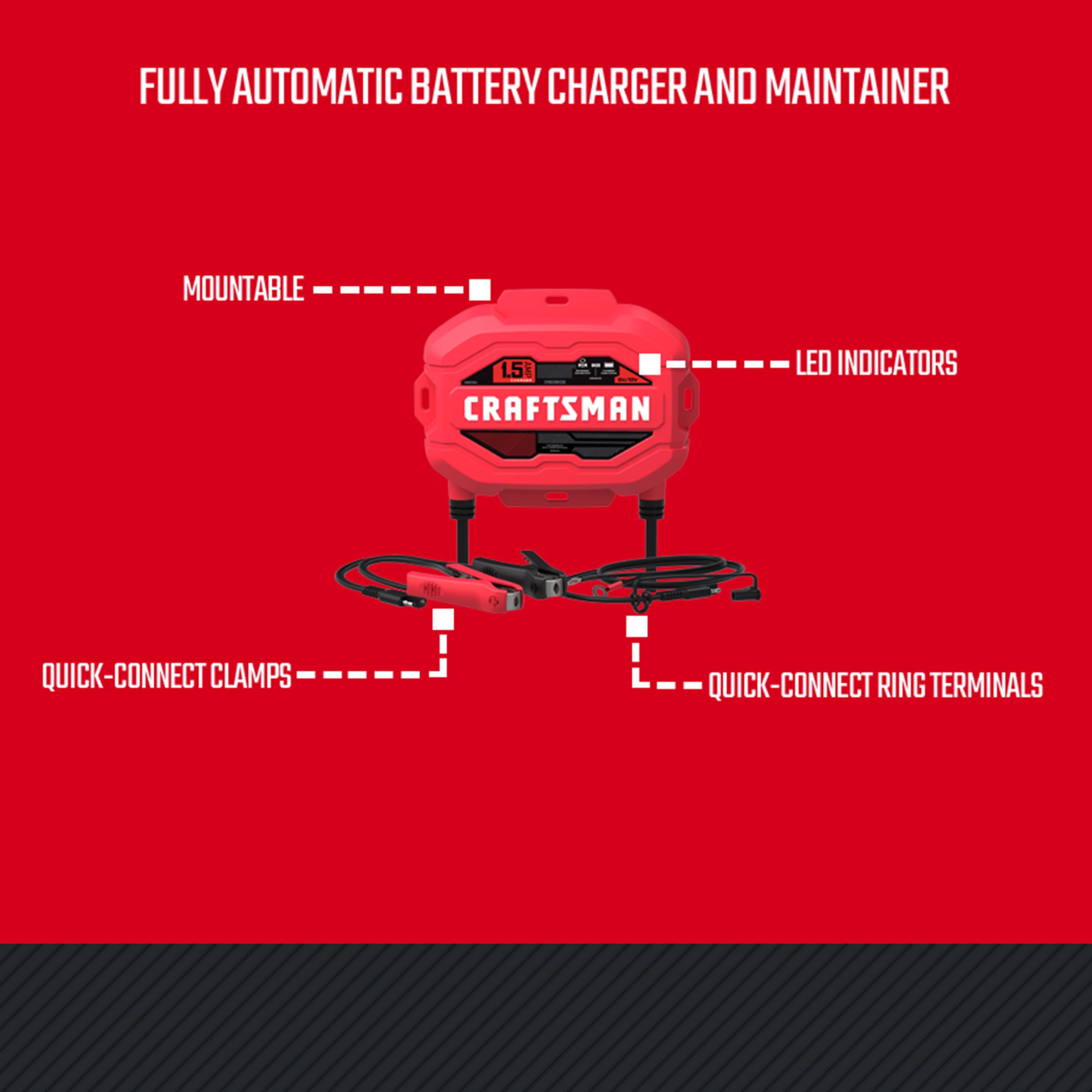 CRAFTSMAN Battery Charger and Maintainer, CMXCESM259, 3-in-1, Fully Automatic, 1.5 Amps, 6 Volt, 12 Volt, for Car, SUV, Truck, and Marine Batteries