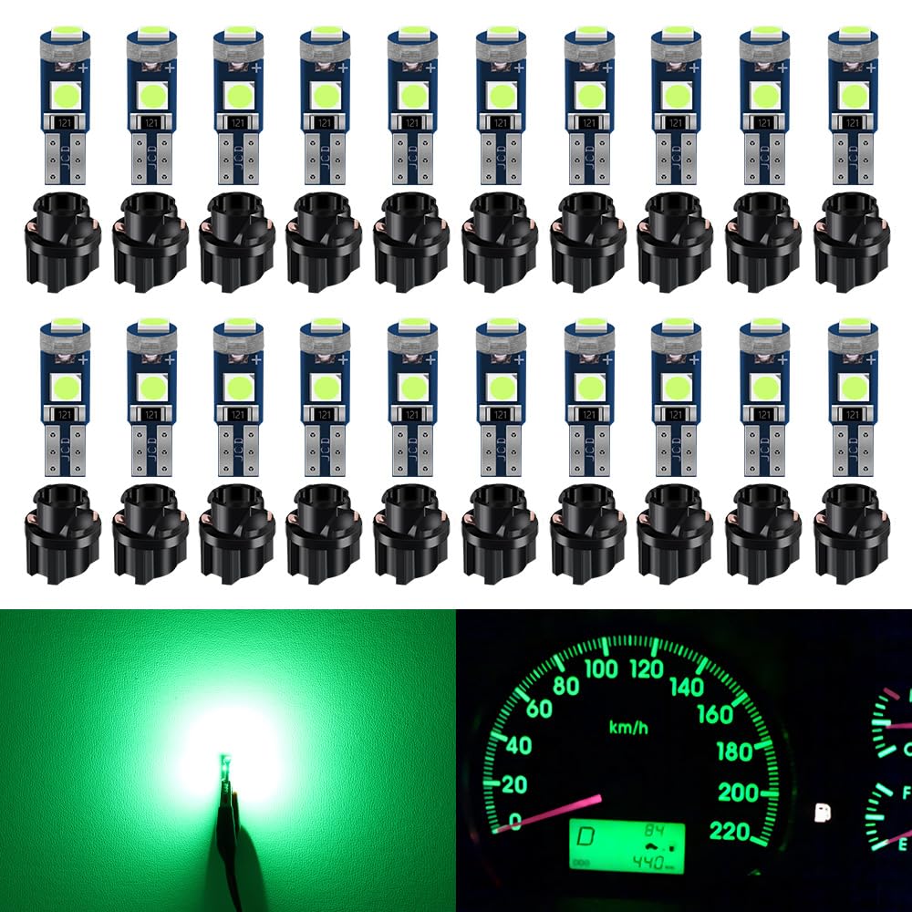 1797 T5 LED Bulbs Dash Dashboard Light 74 37 73 2721 PC74 PC37 Instrument Cluster Gauge Wedge Twist Socket Car Indicator Panel Parts Interior Replacement 12V Green Pack of 20
