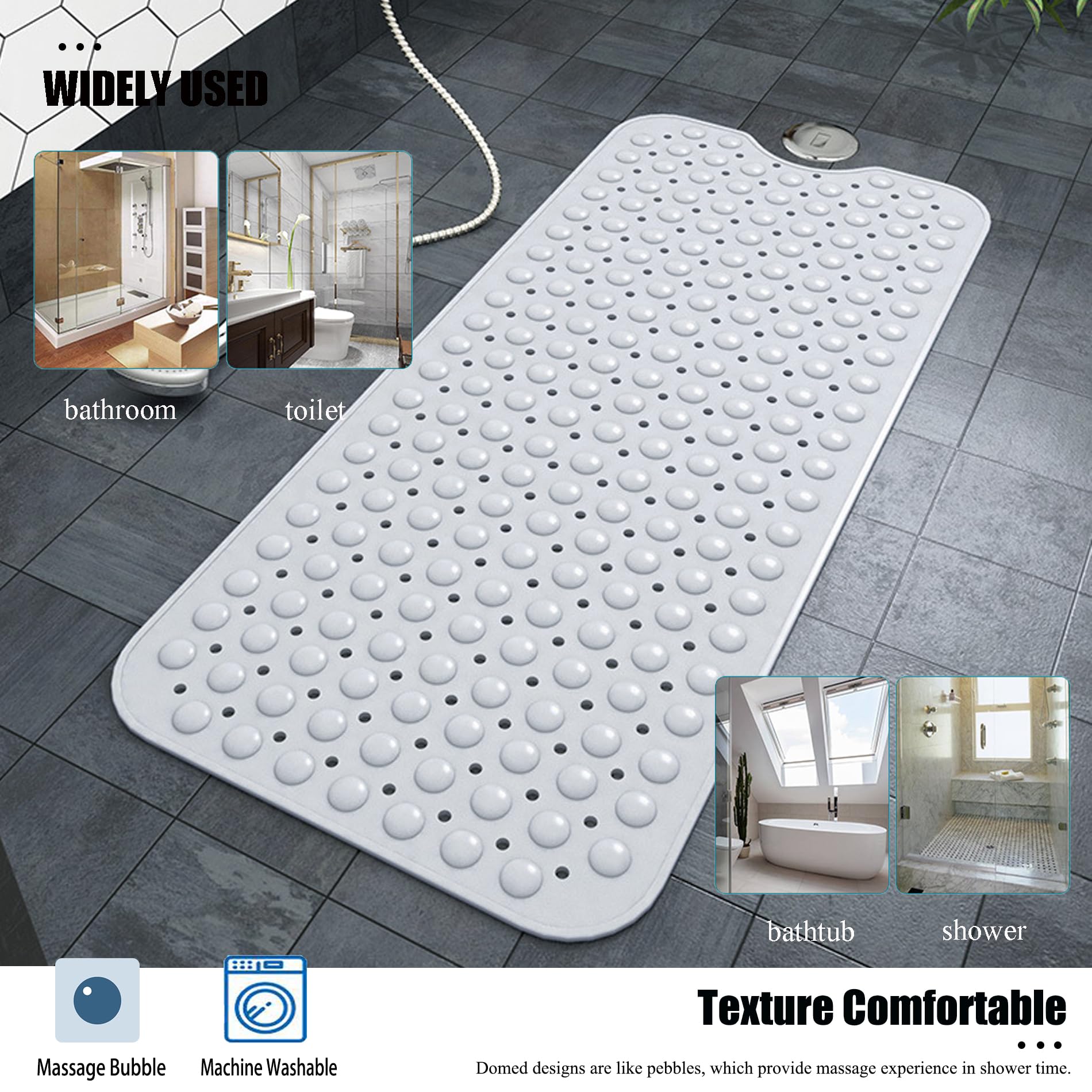 Large Non Slip Bathtub Mat, Extra Long Bath Mat for Tub, 40 x 16 Inch, Machine Washable Shower Mats with Suction Cups and Drain Holes, Bath Tub Mats for Bathroom Non Slip, White