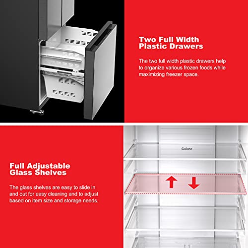 Galanz GLR16FS2D08 3 French Door Refrigerator with Bottom Freezer & Adjustable Thermostat, 16 Cu Ft, Stainless Steel