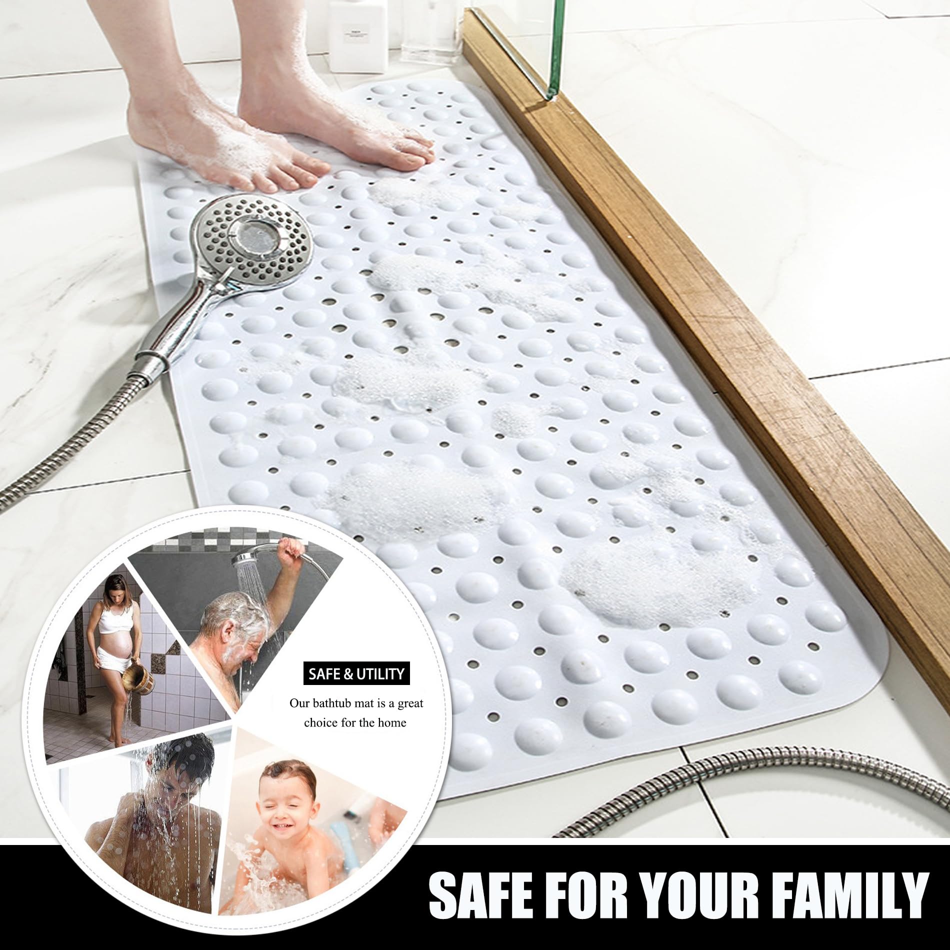 Large Non Slip Bathtub Mat, Extra Long Bath Mat for Tub, 40 x 16 Inch, Machine Washable Shower Mats with Suction Cups and Drain Holes, Bath Tub Mats for Bathroom Non Slip, White