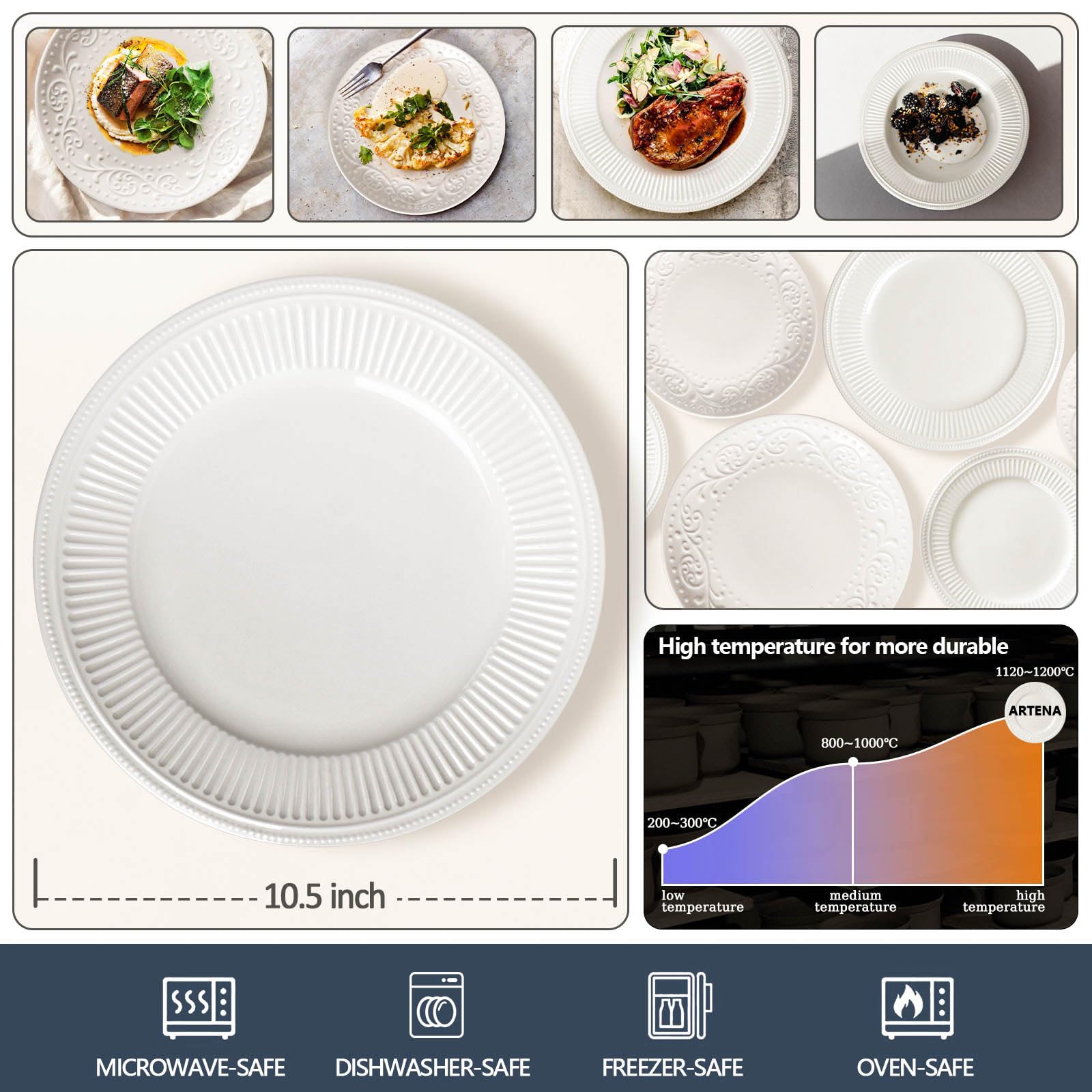 Artena Ceramic Dinner Plates Set of 4, 10.5 inch Embossed White Kitchen Plates for Salad, Dessert, Appetizer, Steak, Serving Dishes for Entertaining, Modern Large Flat Plates for Restaurant, Parties