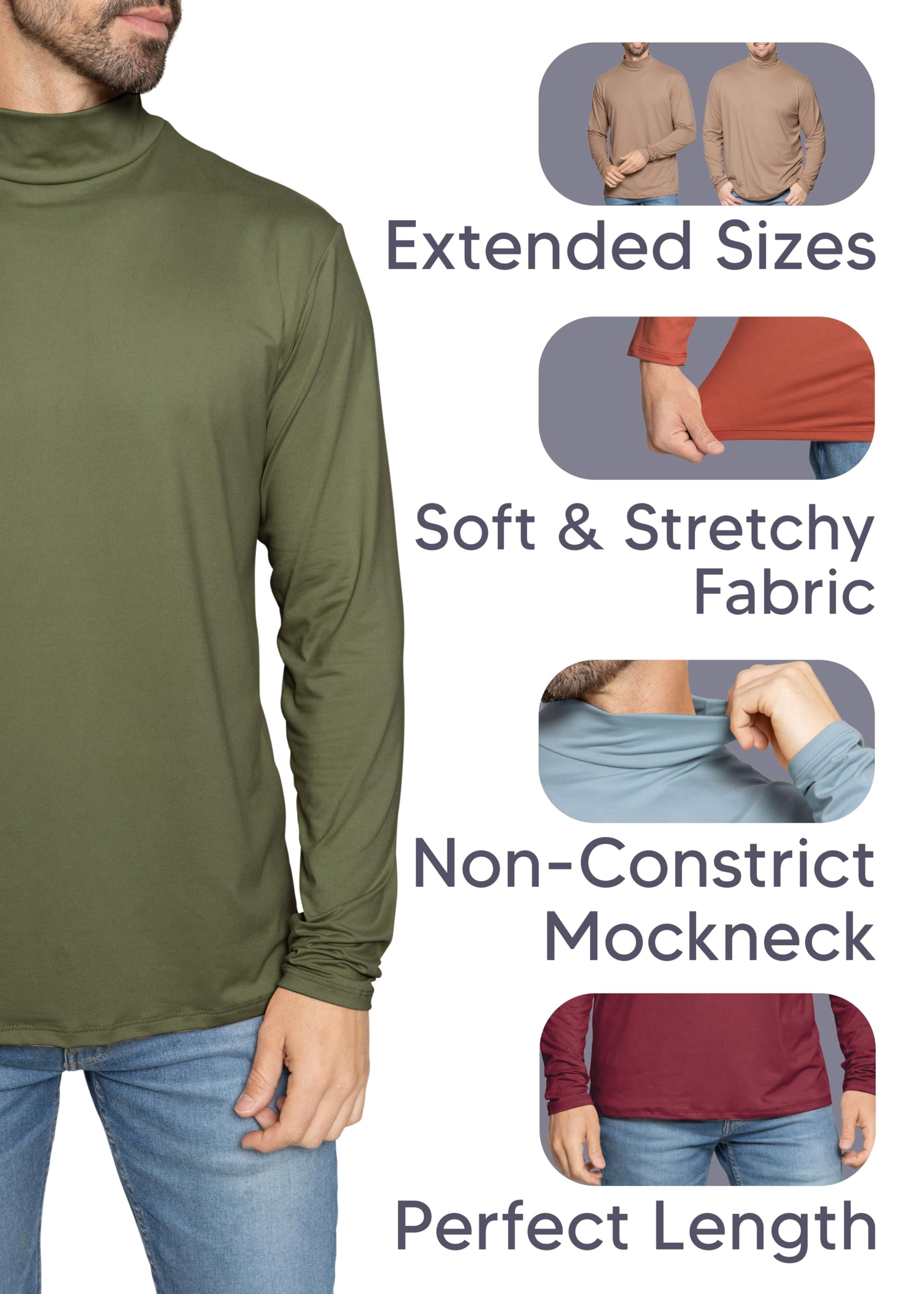 STRETCH IS COMFORT Men's Long Sleeve Mock Neck Turtleneck White Small