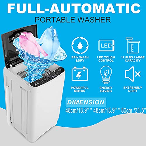 Portable Washer, 17.5Lbs Capacity Full-Automatic Washing Machine with Drain Pump and Extended Drain Pipe, 1.9 Cu.ft 2-in-1 Washer and Spin-dryer Combo with 10 Wash Programs 8 Water Levels LED Display, Compact Laundry Washer for Home, Dorms, RV