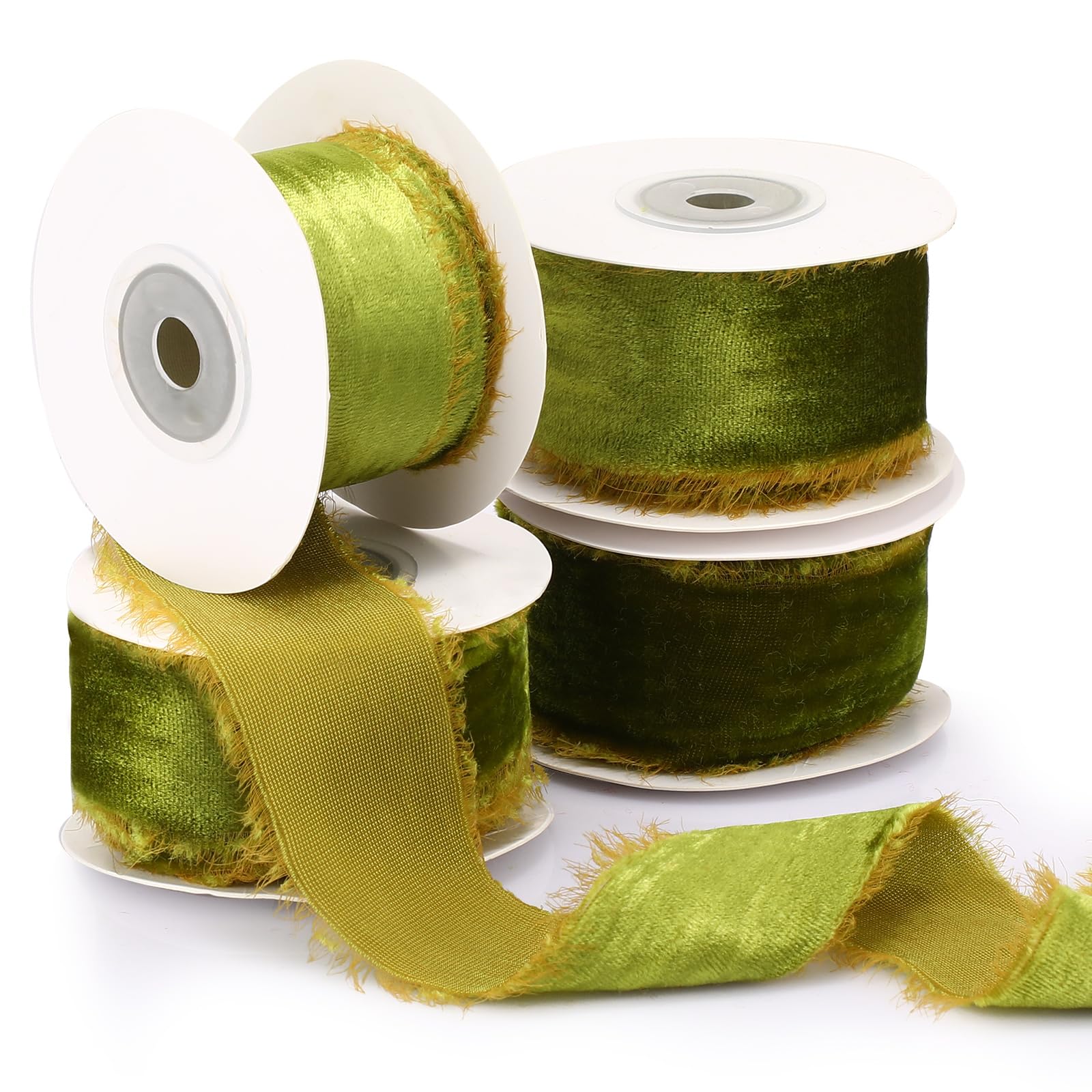 Preboun 4 Rolls Velvet Ribbon for Gift Wrapping 24 Yards Total Frayed Edge Velvet Silk Ribbon for Valentine‘s Day Wedding Baby Shower DIY Crafts Decor(Olive Green,1.5 Inch)