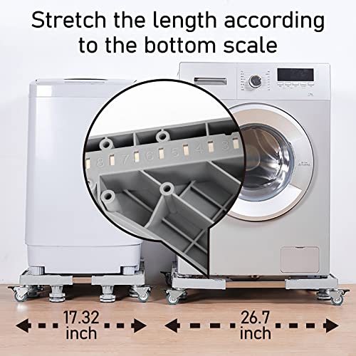 Adjustable Mini Fridge Stand Washing Machine Base, Mobile Roller Stand with 4 Locking Rubber Rotating Wheels and 4 Strong Feet, Max Load 660 lbs, for Washing Machines Refrigerators and Dryer