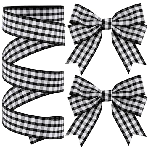 VGOODALL Buffalo Ribbon Decoration, 25 Yards and 1 Inch White and Black Gingham Ribbon, Decorate Your House, Staircase and DIY Any Kind of Style You Like