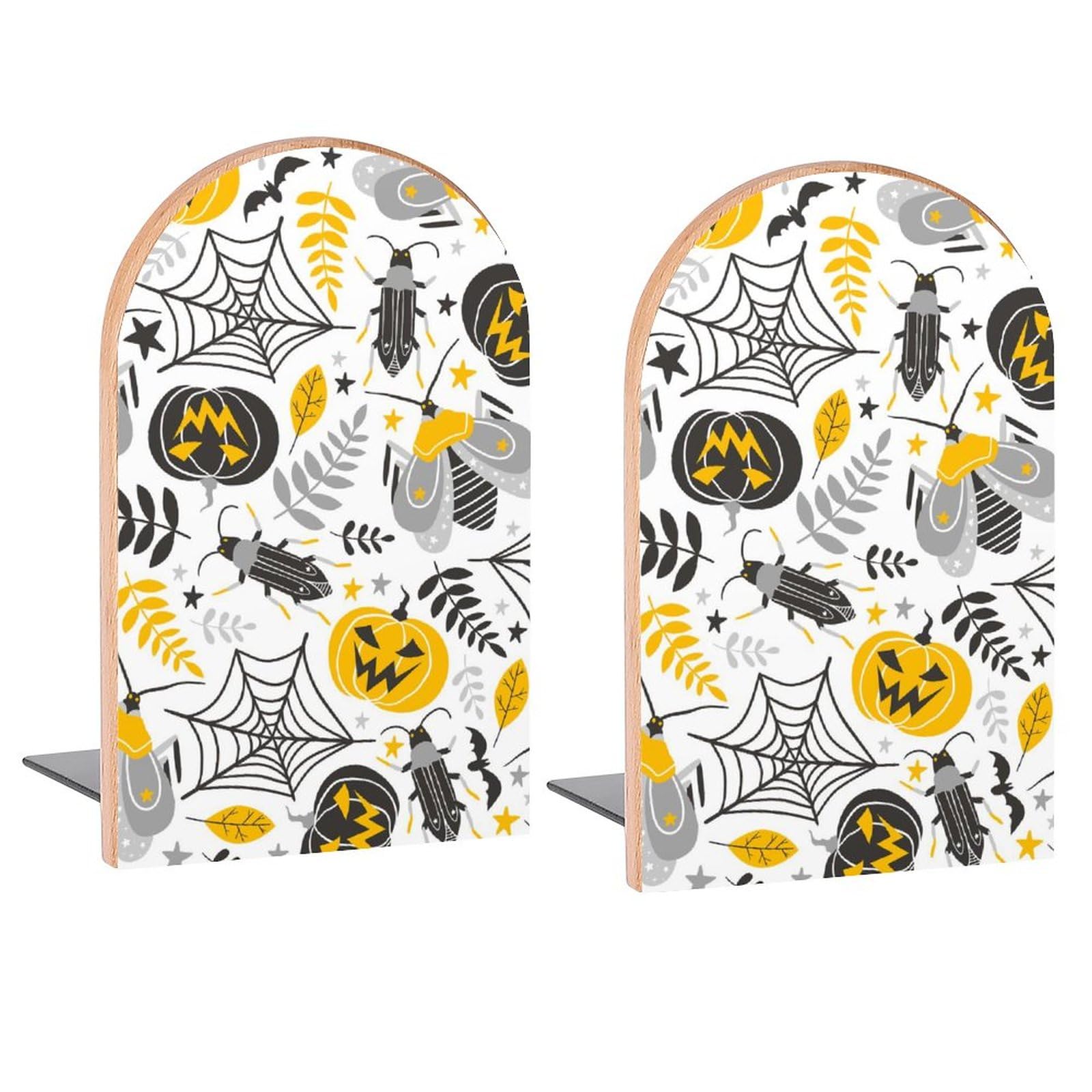 Halloween Black Pumpkin Yellow Autumn Book Ends Decorative Wood Bookends for Shelves Kids Room Desk Home Office Book Stoppers for Magazines,Books, DVDs, 1 Pair/2 Pieces(5x3.1 in)