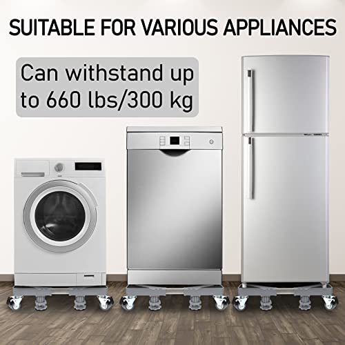 Adjustable Mini Fridge Stand Washing Machine Base, Mobile Roller Stand with 4 Locking Rubber Rotating Wheels and 4 Strong Feet, Max Load 660 lbs, for Washing Machines Refrigerators and Dryer