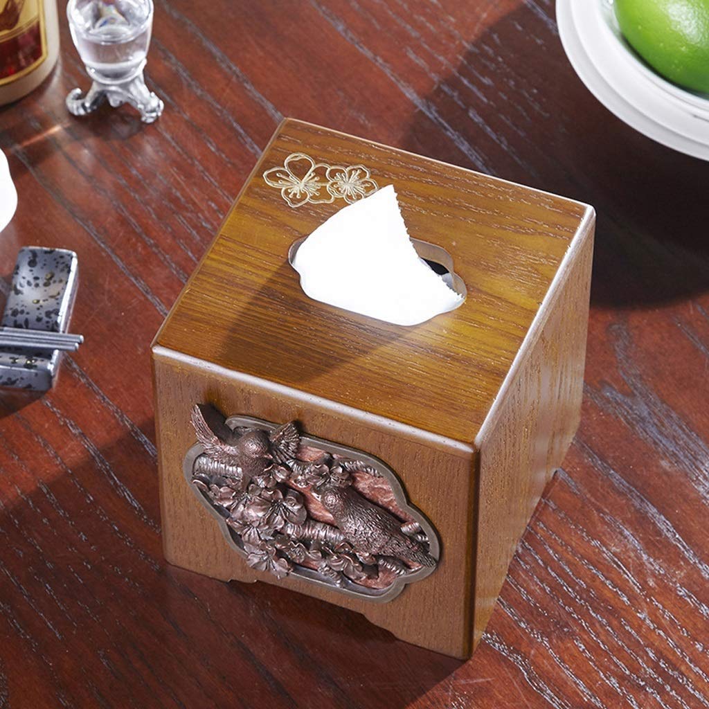 Retro Creative Simple Square Flower and Bird Carving Wooden Tissue Box Home Car Essentials Hotel Roller (Color : Brown)