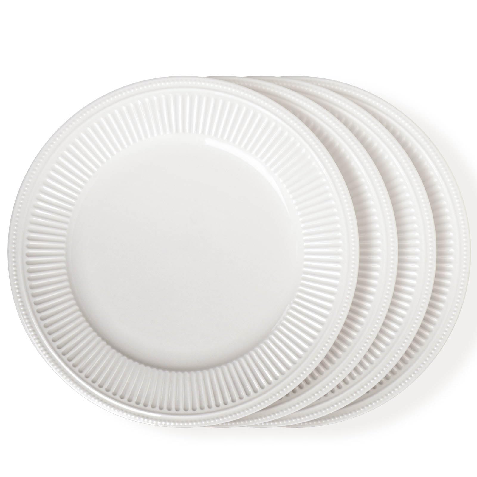 Artena Ceramic Dinner Plates Set of 4, 10.5 inch Embossed White Kitchen Plates for Salad, Dessert, Appetizer, Steak, Serving Dishes for Entertaining, Modern Large Flat Plates for Restaurant, Parties