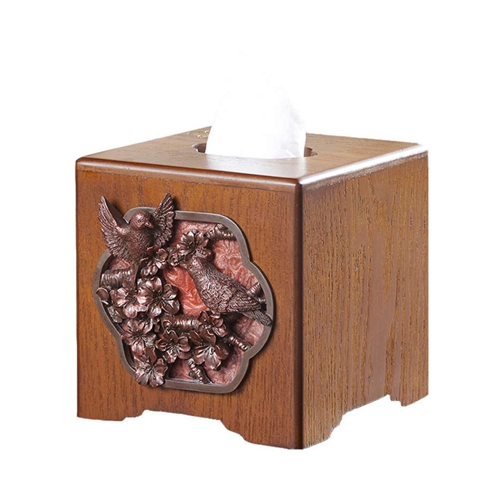 Retro Creative Simple Square Flower and Bird Carving Wooden Tissue Box Home Car Essentials Hotel Roller (Color : Brown)