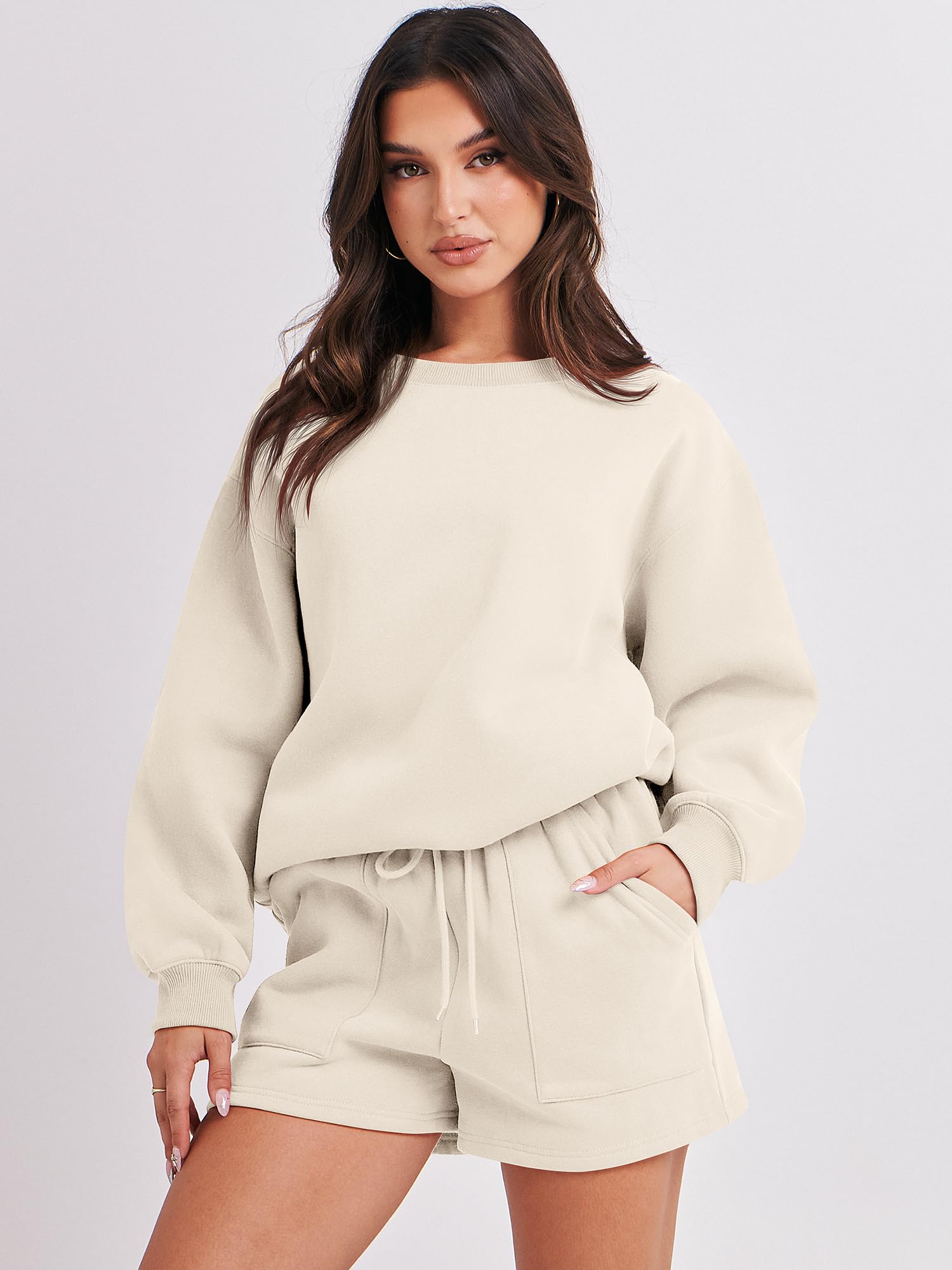 ANRABESS Women 2 Piece Outfits Sweat Shorts Sets 2025 Oversized Casual Lounge Matching Set Sweatsuit Tracksuit Clothes Beige X-Small
