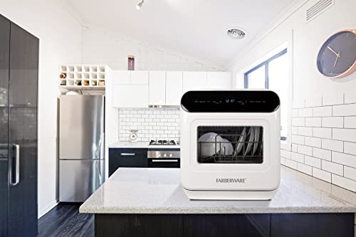 Farberware FCDMGDWH Complete Portable Countertop Dishwasher with LED Light 2 Place Settings, 5 Wash Programs, Glass Door, White