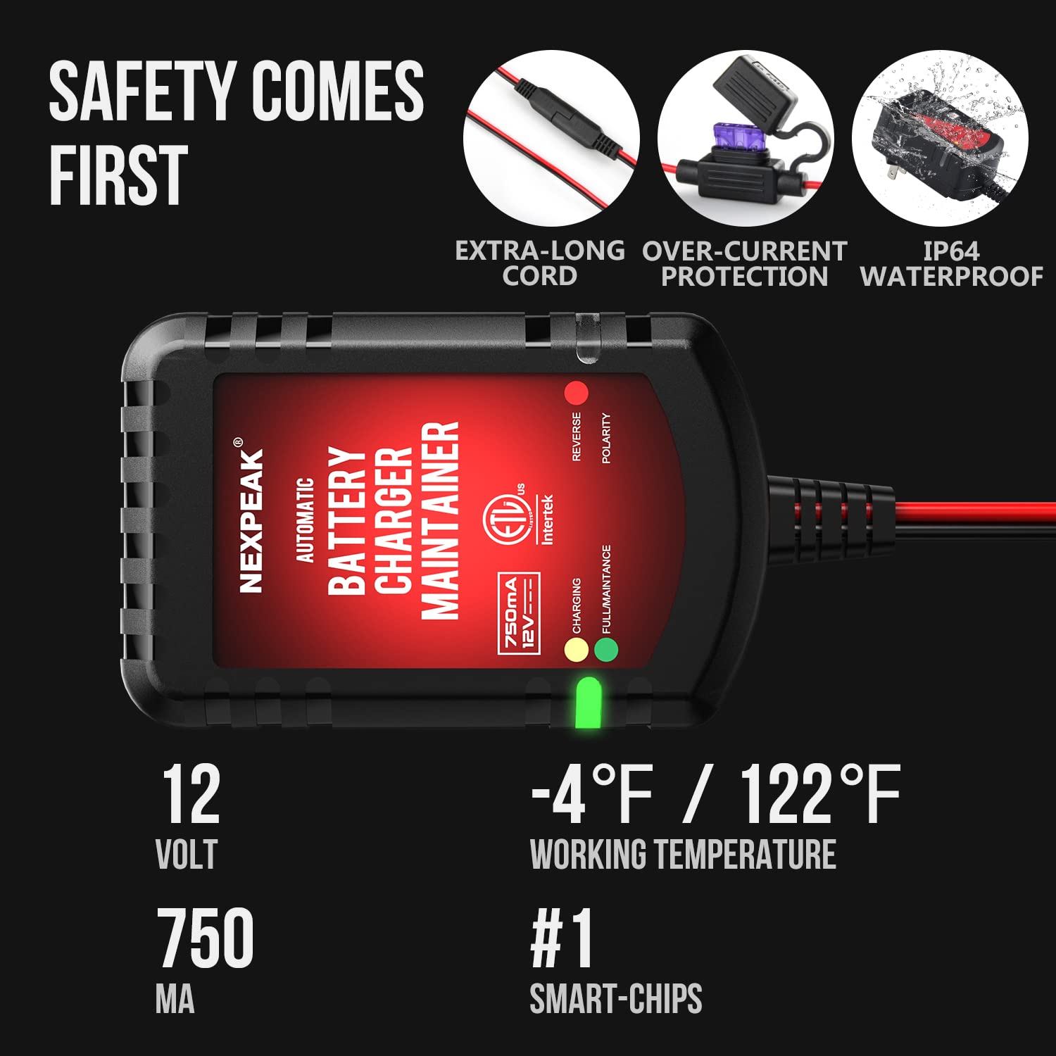 NEXPEAK NC075 12V 750mA Automatic Battery Charger, Battery Maintainer, Trickle Charger, and Battery Desulfator