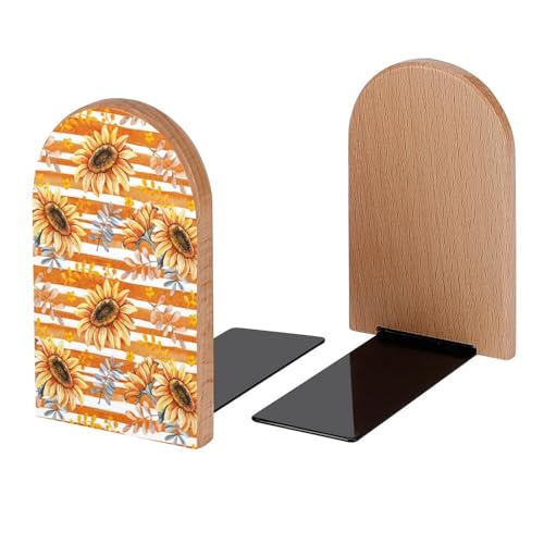 Autumn Sunflower Striped Pattern Book Ends Decorative Wood Bookends for Shelves Kids Room Desk Home Office Book Stoppers for Magazines,Books, DVDs, 1 Pair/2 Pieces(5x3.1 in)