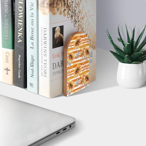 Autumn Sunflower Striped Pattern Book Ends Decorative Wood Bookends for Shelves Kids Room Desk Home Office Book Stoppers for Magazines,Books, DVDs, 1 Pair/2 Pieces(5x3.1 in)