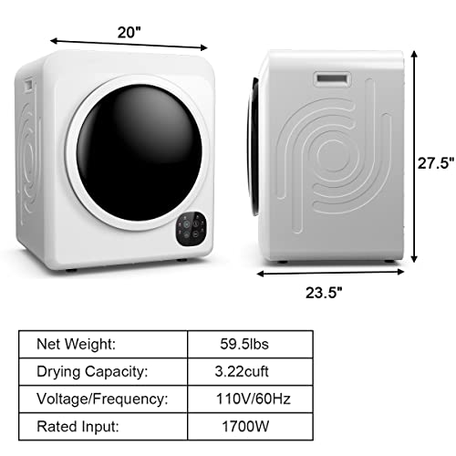 Julimoon 1700W Portable Laundry Dryer, 13.2 lbs Capacity Tumble Dryer with Stainless Steel Tub, Control Panel, Compact Clothes Dryer for Apartments, Home, Dorm, White