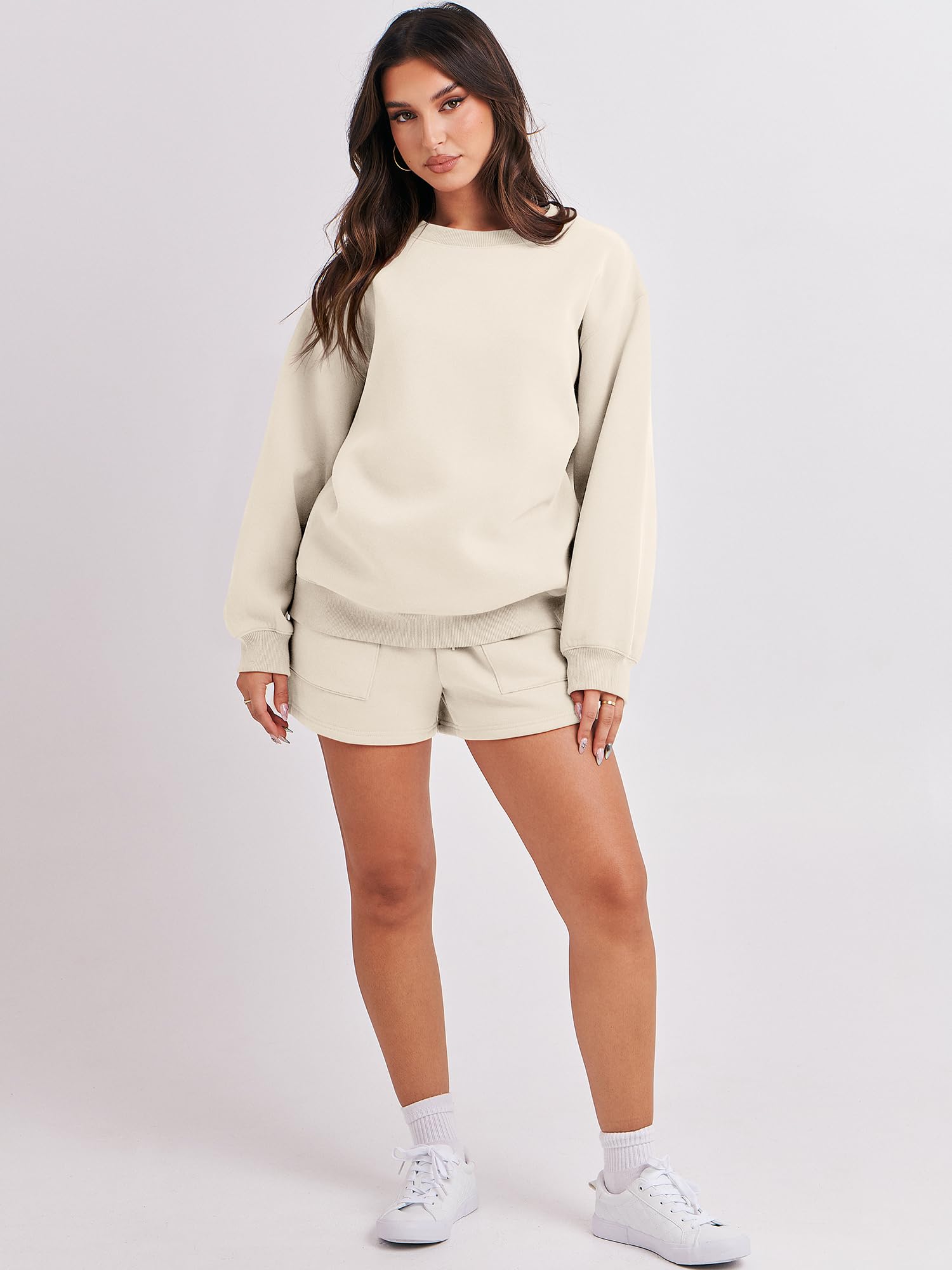 ANRABESS Women 2 Piece Outfits Sweat Shorts Sets 2025 Oversized Casual Lounge Matching Set Sweatsuit Tracksuit Clothes Beige X-Small