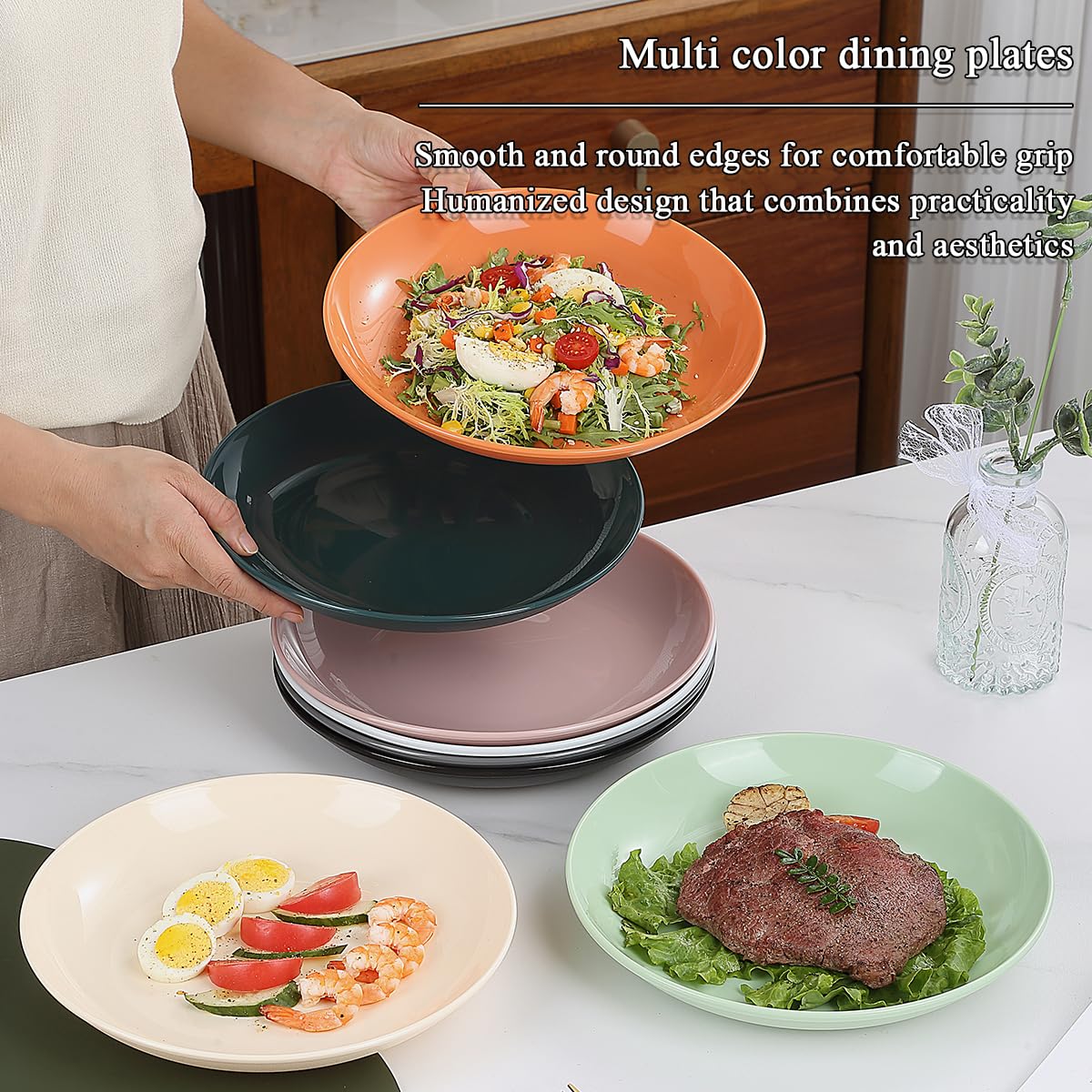 Evanda Plastic Plates Set of 8 Pieces, Dinner Plates 9.5 inch Unbreakable Reusable Dishes for All Purpose and All Age, Microwave Safe BPA Free Dishwasher Safe (Mutil Color)