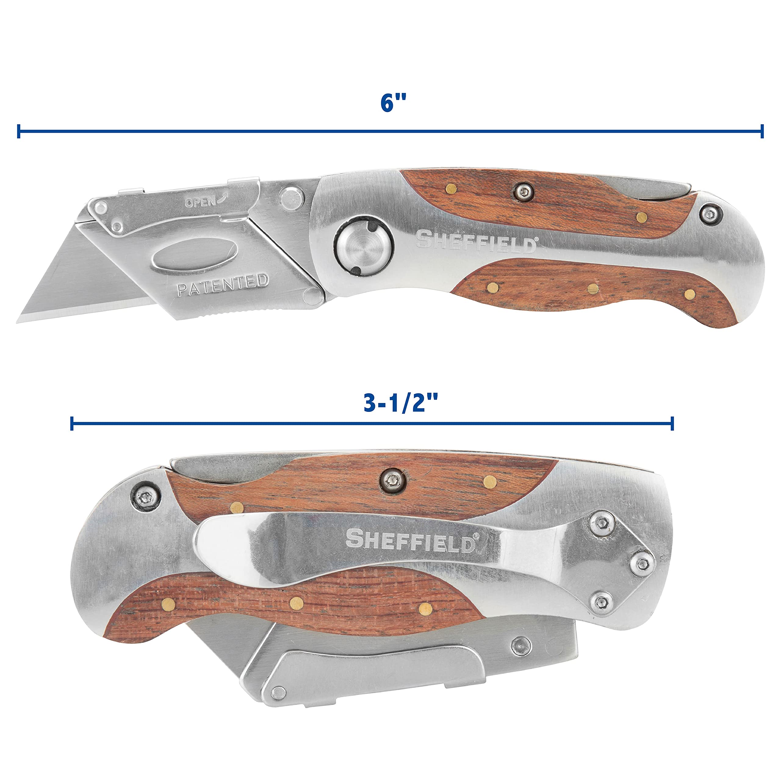 Sheffield 12525 Premium Lock Back Utility Knife 2 Pack, Box Cutter Knife, Carpet Knife, Drywall Cutter, Quick Change Blade, Aluminum And Wood Handle, Wood, Silver