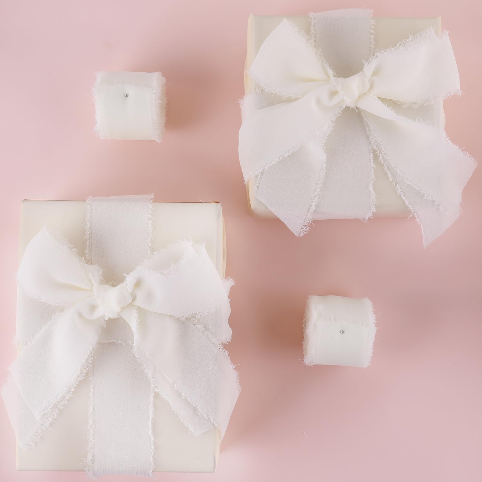 GLAMFIELDS Chiffon Ribbon Fringe Fabric Set 1.5" x 21Yd for Bouquets Wrapping, Wedding Invitations, Decorations, Gifts Wrapping & Bow Making,3 Rolls Cream White