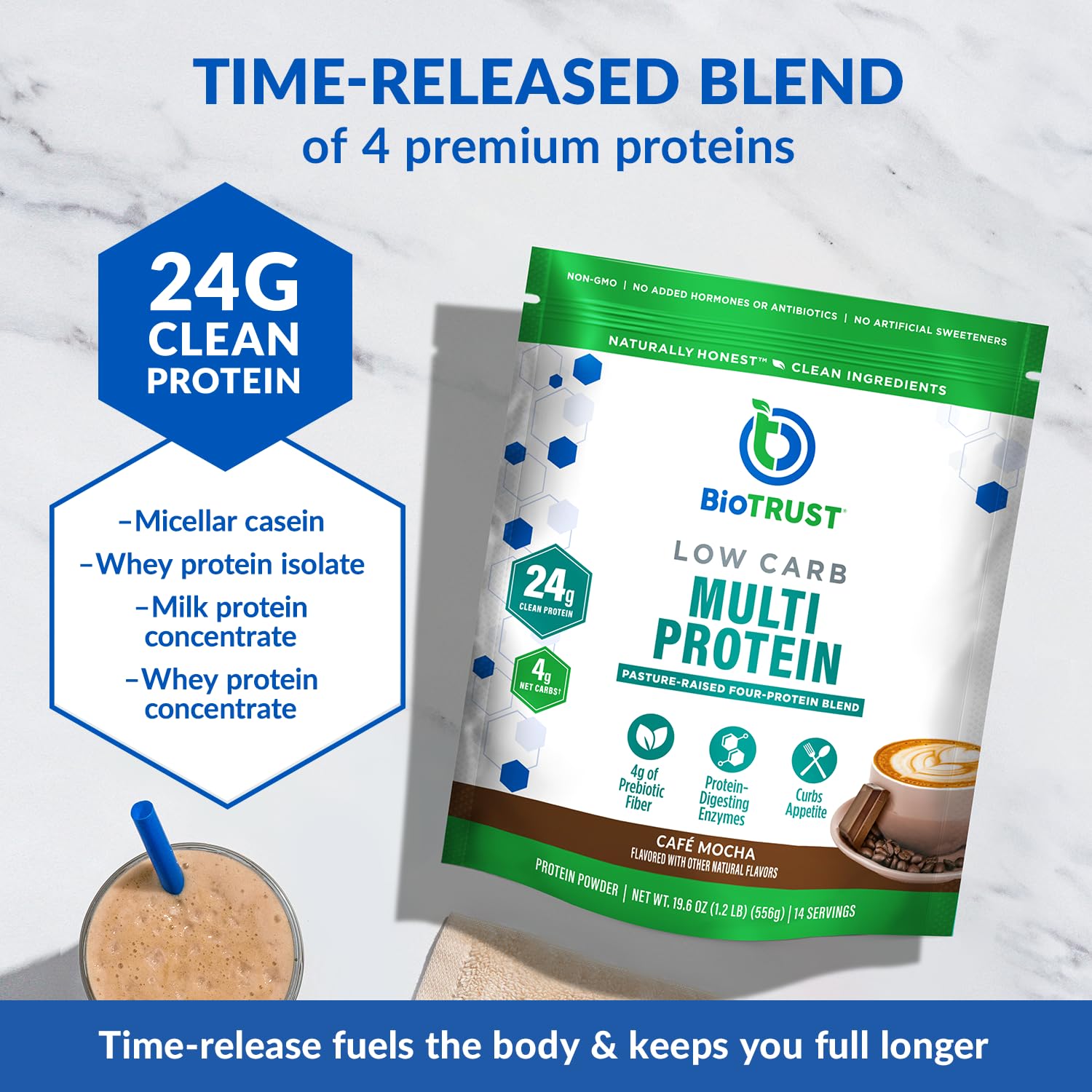 BioTrust Low Carb Protein Powder β Delicious Whey & Casein Blend from Grass-Fed Hormone Free Cows β Non GMO, Gluten Free (Cafe Mocha)