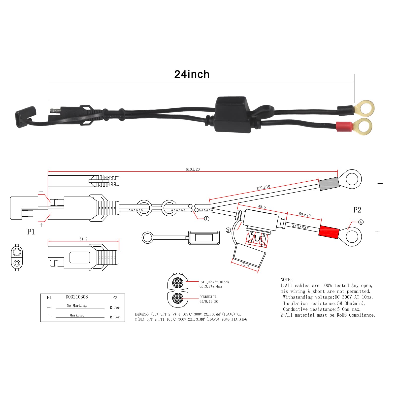 [ 5 Pack] SAE to O Ring Terminal Harness 2FT - SAE Eyelet Ring Terminal Cable 16awg Motorcycle Battery Trickle Charger Extension Cord with SAE Battery Terminal Quick Connect Disconnect Connector