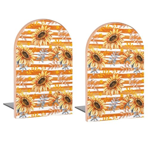 Autumn Sunflower Striped Pattern Book Ends Decorative Wood Bookends for Shelves Kids Room Desk Home Office Book Stoppers for Magazines,Books, DVDs, 1 Pair/2 Pieces(5x3.1 in)