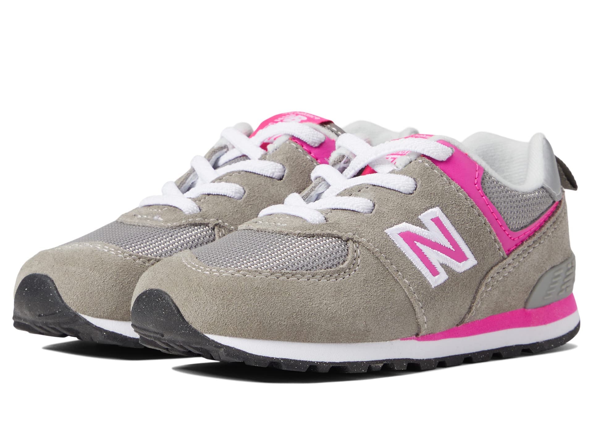 New Balance Baby Girls 574 Core Bungee Sneaker, Grey/Pink, 2 Infant