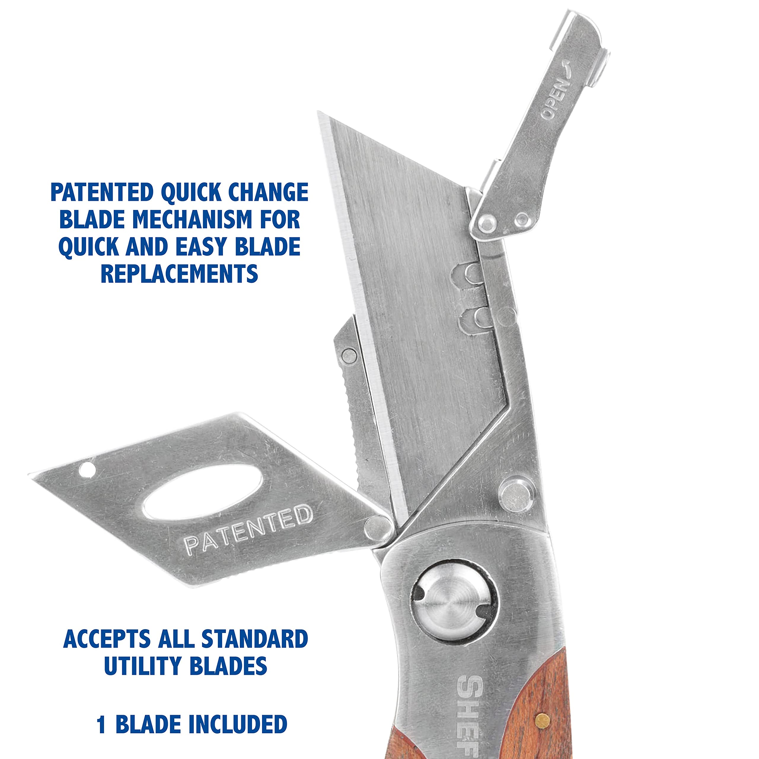 Sheffield 12525 Premium Lock Back Utility Knife 2 Pack, Box Cutter Knife, Carpet Knife, Drywall Cutter, Quick Change Blade, Aluminum And Wood Handle, Wood, Silver