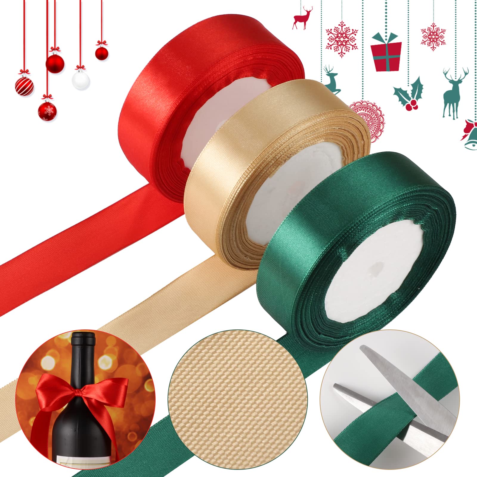 3 Rolls 75 Yard Christmas Satin Ribbon, 1 Inch Wide Gift Wrapping Ribbon Double Faced Polyester Ribbon Rolls Solid Satin Ribbon for Christmas Wedding Party DIY Craft Making (Red, Green, Gold)