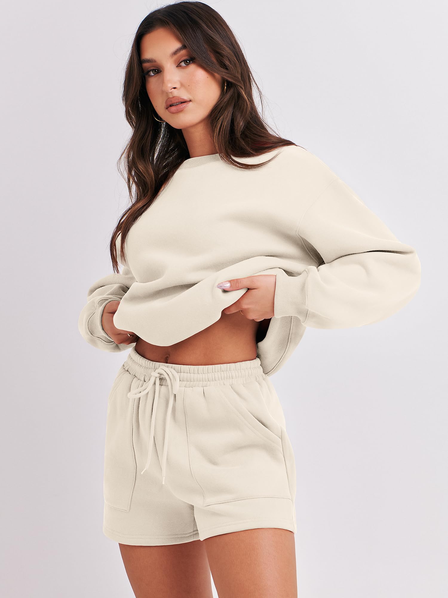 ANRABESS Women 2 Piece Outfits Sweat Shorts Sets 2025 Oversized Casual Lounge Matching Set Sweatsuit Tracksuit Clothes Beige X-Small