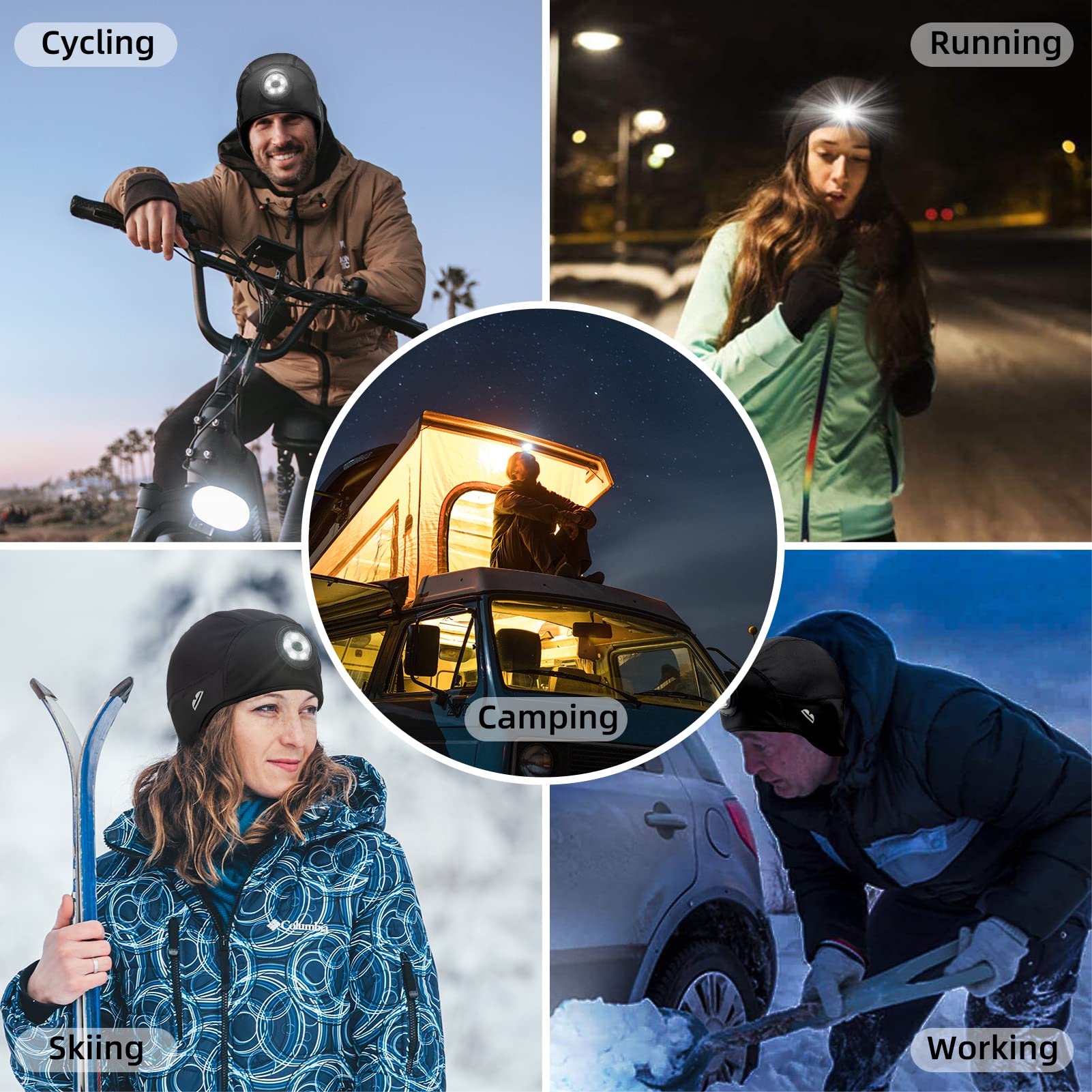 ROCKBROS LED Skull Cap with Light, Rechargeable Headlamp Cap, Winter Warm Running Cycling Cap, LED Lighted Beanies Hat,Headlight Flashlight Hiking Camping,Tech Gifts for Men Women Handyman Teens Black
