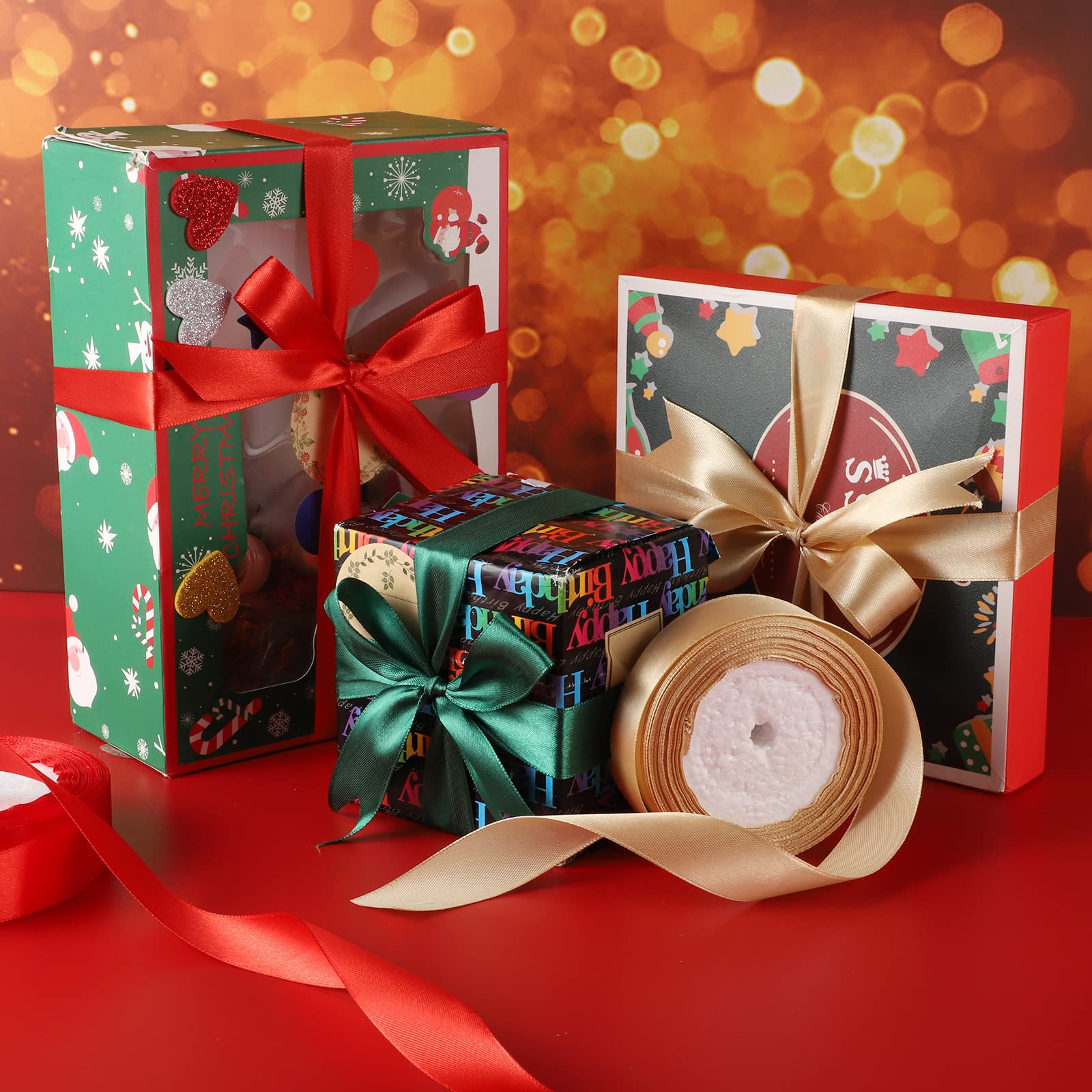 3 Rolls 75 Yard Christmas Satin Ribbon, 1 Inch Wide Gift Wrapping Ribbon Double Faced Polyester Ribbon Rolls Solid Satin Ribbon for Christmas Wedding Party DIY Craft Making (Red, Green, Gold)