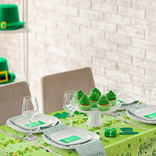 HAKOTI 3 Pieces St. Patrick's Day Tablecloth - Lucky Clover Gnome Tablecloth Irish Holiday Party Supplies Disposable Plastic Rectangular Waterproof Table Cover for St. Patrick's Theme Party