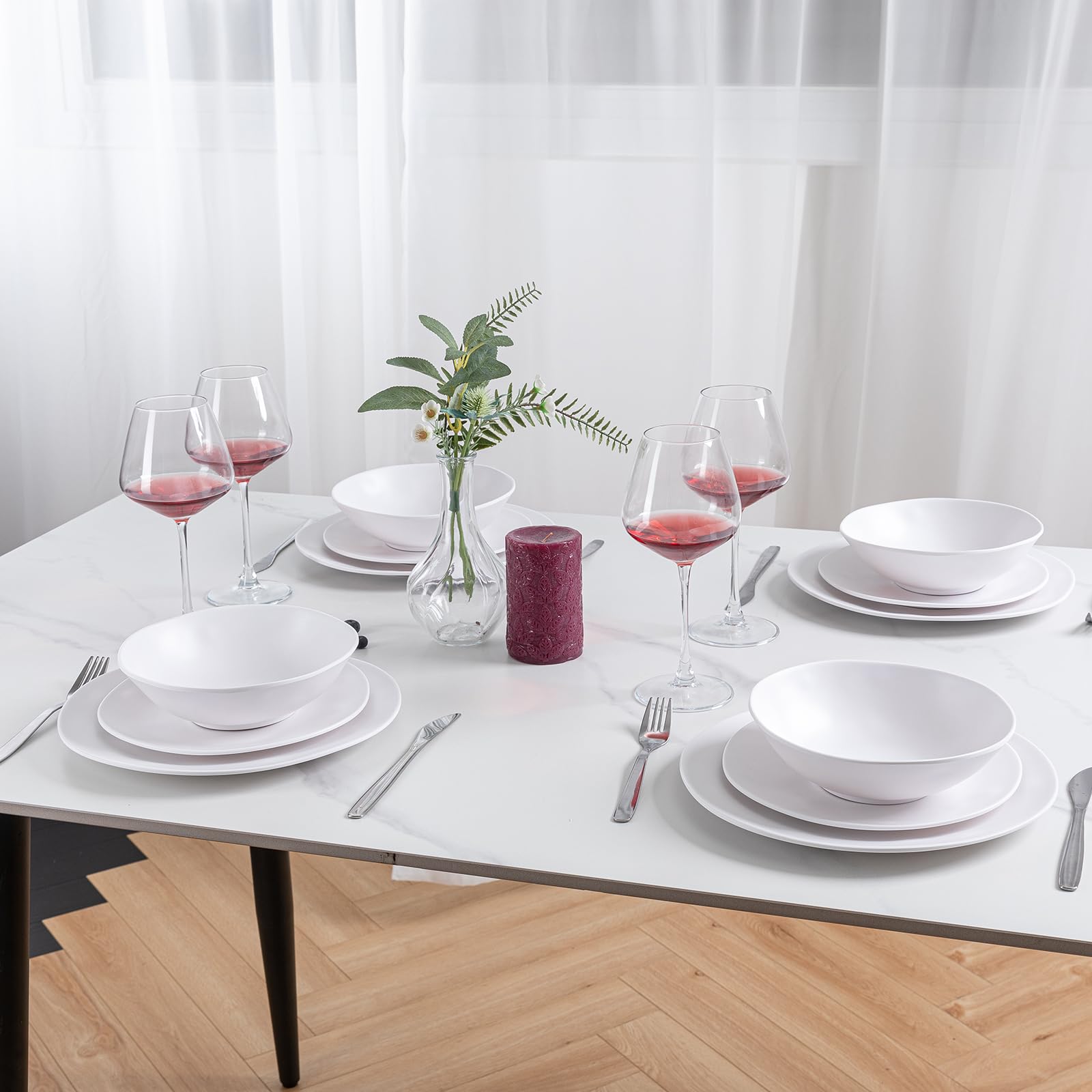 ZAROCRUS 12Pcs Melamine Dinnerware Sets, White Dishes Set Service for 4 with Dinner Salad Plates and Bowls Set, a Lightweight Dinnerware Set Great for Outdoor RV and Camper, Dishwasher Safe