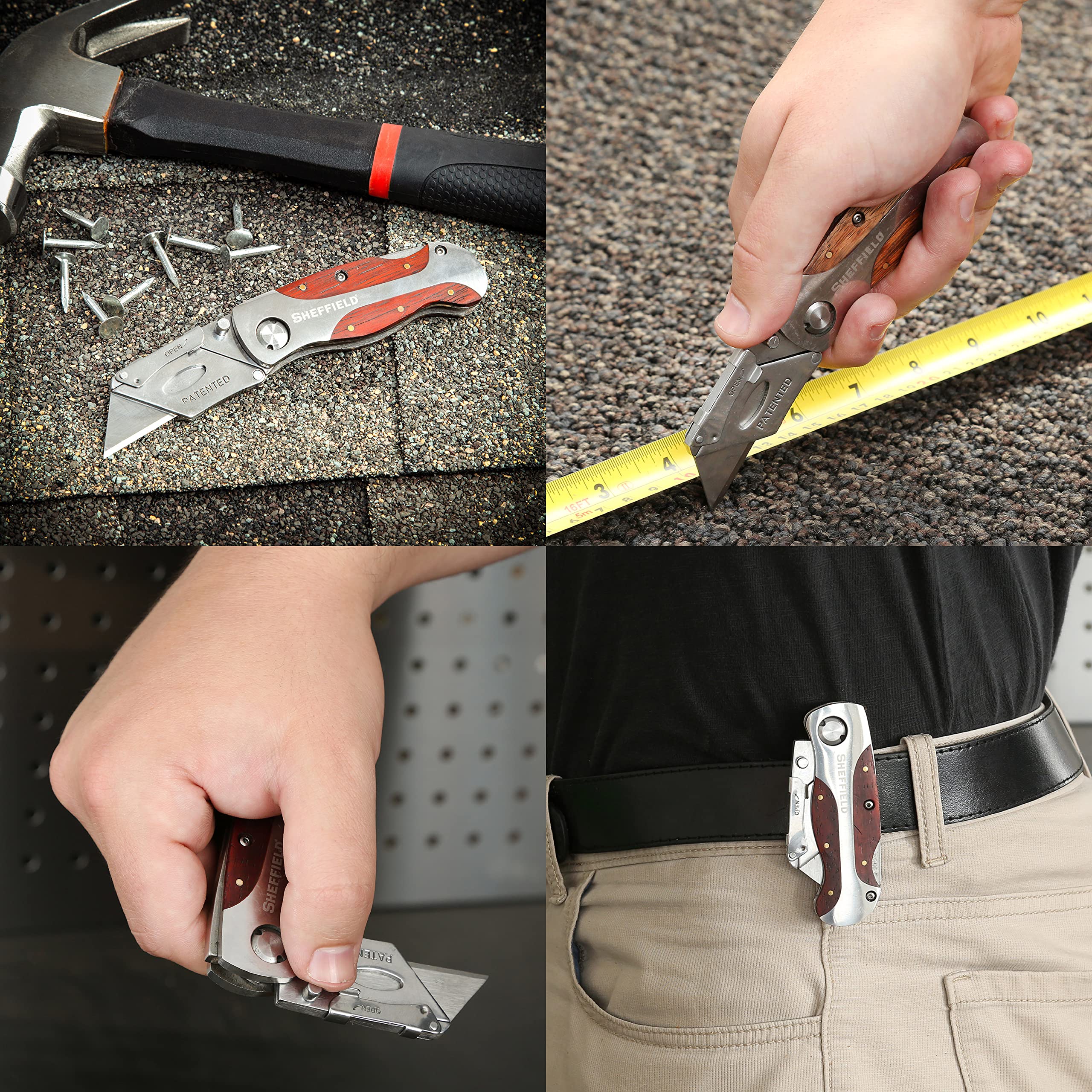 Sheffield 12525 Premium Lock Back Utility Knife 2 Pack, Box Cutter Knife, Carpet Knife, Drywall Cutter, Quick Change Blade, Aluminum And Wood Handle, Wood, Silver