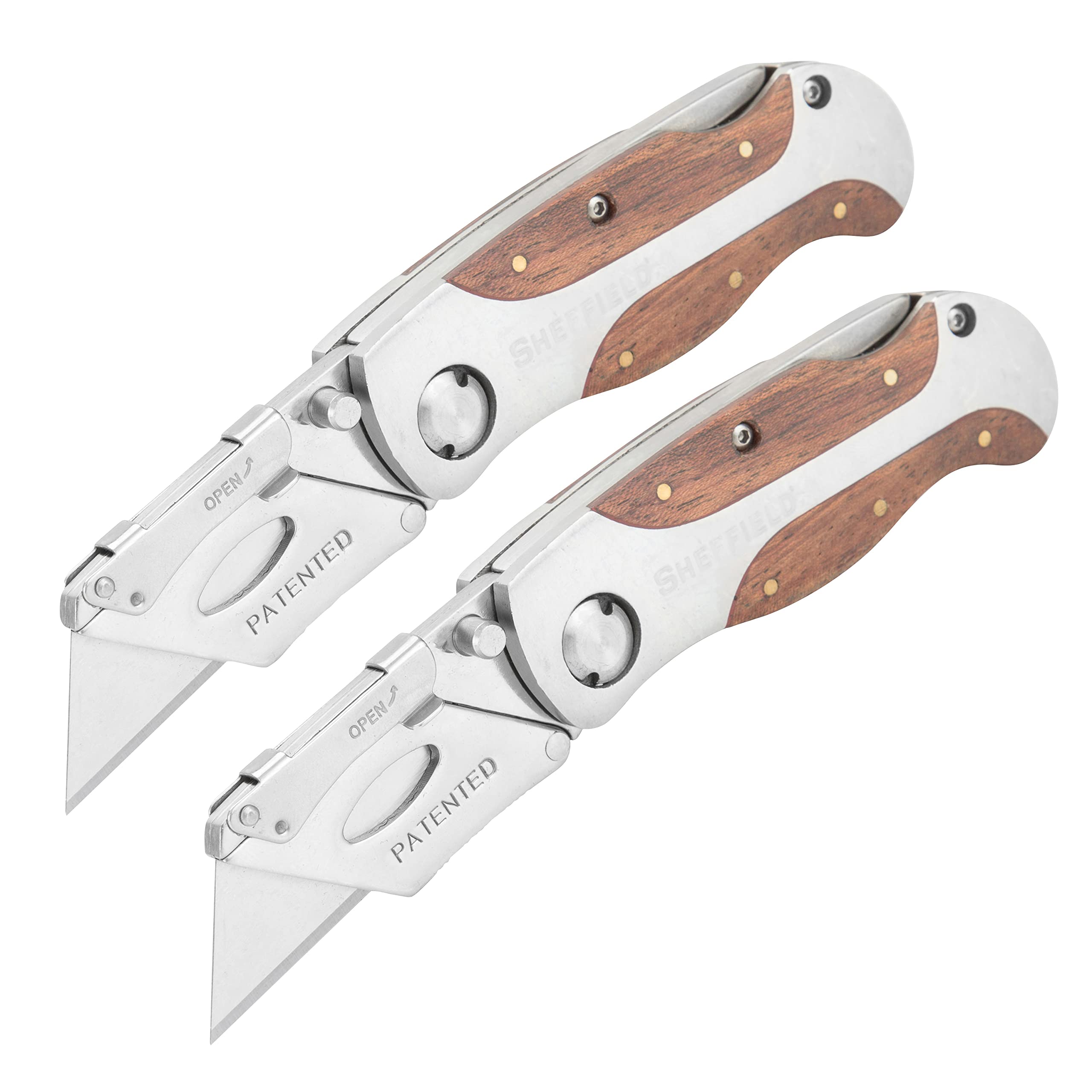 Sheffield 12525 Premium Lock Back Utility Knife 2 Pack, Box Cutter Knife, Carpet Knife, Drywall Cutter, Quick Change Blade, Aluminum And Wood Handle, Wood, Silver