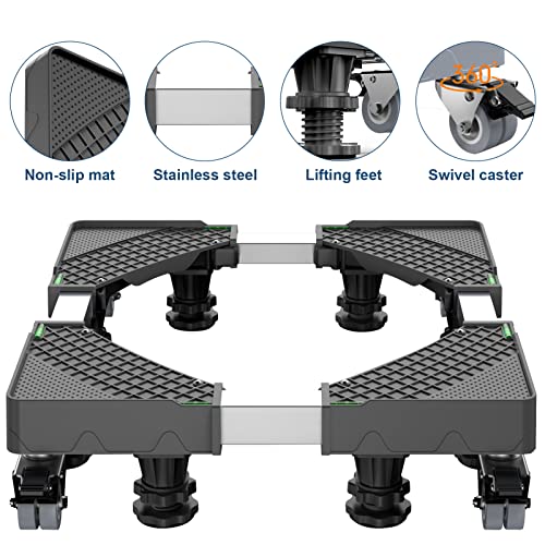 Upgrade Fridge Stand Mobile Base with 8 Locking Wheels and 4 Strong Feet HQO LOVL 27.5β-35.4β Adjustable Furniture Dolly for Washer Dryer Washing Machine Stand Pedestal, Refrigerator Stand (Black)