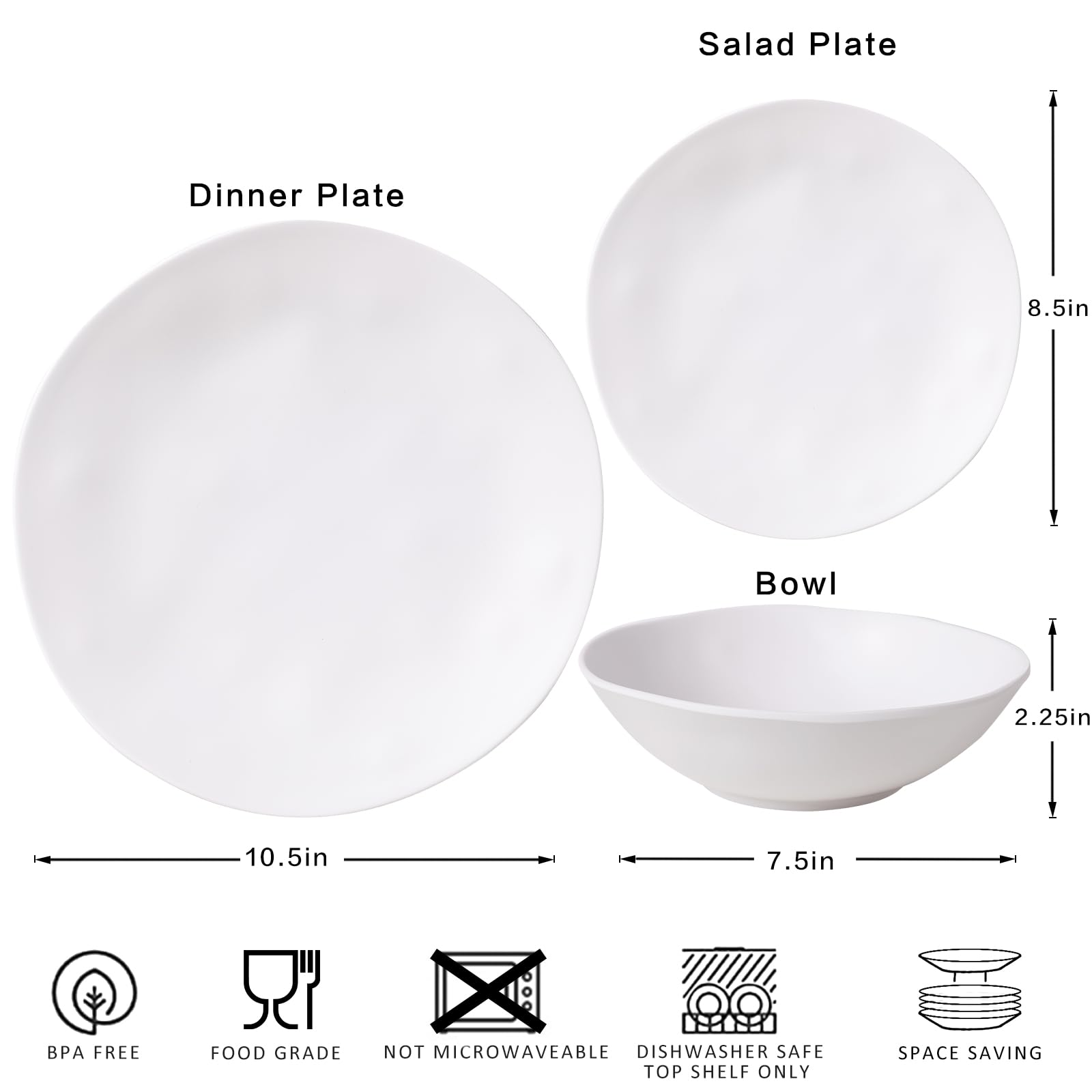 ZAROCRUS 12Pcs Melamine Dinnerware Sets, White Dishes Set Service for 4 with Dinner Salad Plates and Bowls Set, a Lightweight Dinnerware Set Great for Outdoor RV and Camper, Dishwasher Safe