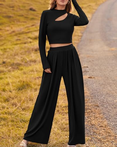 BTFBM Women's 2 Piece Tracksuit Outfits Cutout Long Sleeve Crop Top Wide Leg Pant Ribbed Knit Sweatsuits Yoga Lounge Set(Solid Black, X-Large)