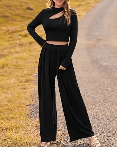 BTFBM Women's 2 Piece Tracksuit Outfits Cutout Long Sleeve Crop Top Wide Leg Pant Ribbed Knit Sweatsuits Yoga Lounge Set(Solid Black, X-Large)