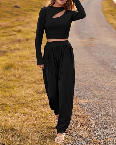 BTFBM Women's 2 Piece Tracksuit Outfits Cutout Long Sleeve Crop Top Wide Leg Pant Ribbed Knit Sweatsuits Yoga Lounge Set(Solid Black, X-Large)