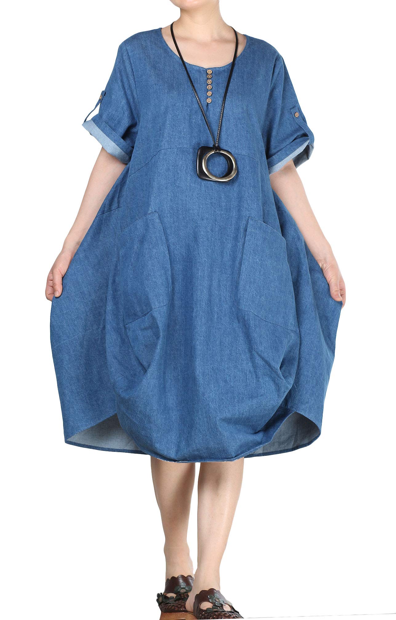 Minibee Women's Ruffle Oversize Casual Midi Dresses with Pockets (3XL, Denim Blue)